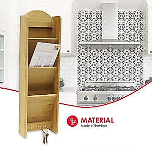 Home Basics Letter Rack, Mail Organizer Holder 3-Tier with 3 Key Hooks, Natural