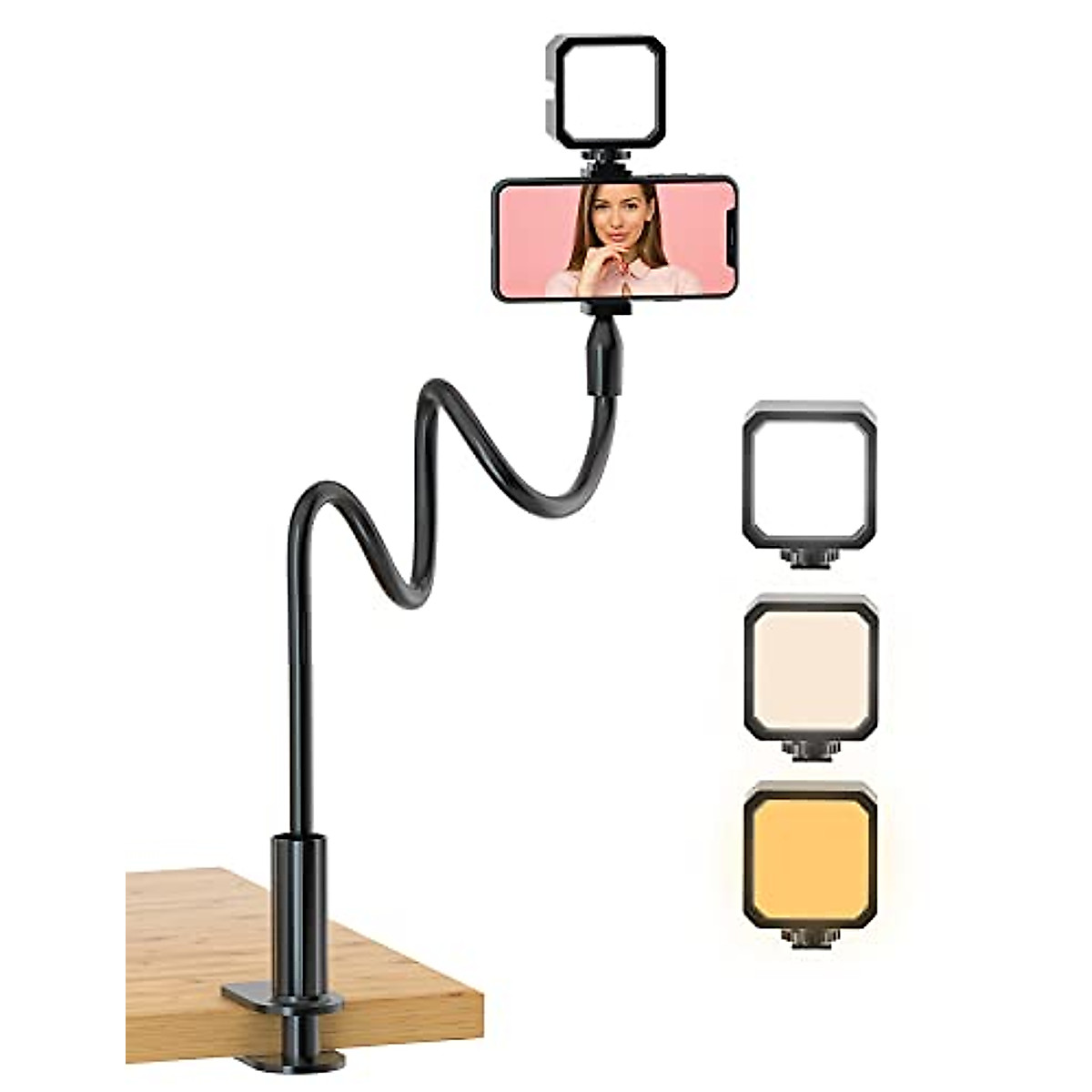 Phone Stand for Recording, 31 Inch Gooseneck Overhead Phone Mount with LED Light for Desk, 360° Rotation with Selfie Stands and Phone Holders for Video Recording, Live Streaming, YouTube Tiktok