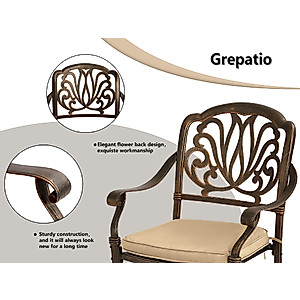 Grepatio 9 Piece Cast Aluminum Patio Furniture Set Outdoor Dining Set Bistro Furniture Set with 8 Armchairs and Dining Table, 8 Cushions for Backyard Garden Poolside (Khaki)