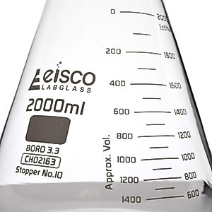 Erlenmeyer Flask, 2000mL - ASTM, Dual Graduated Scale - Borosilicate Glass - Narrow Neck Flask, Conical Flask, Glass Flask - Eisco Labs