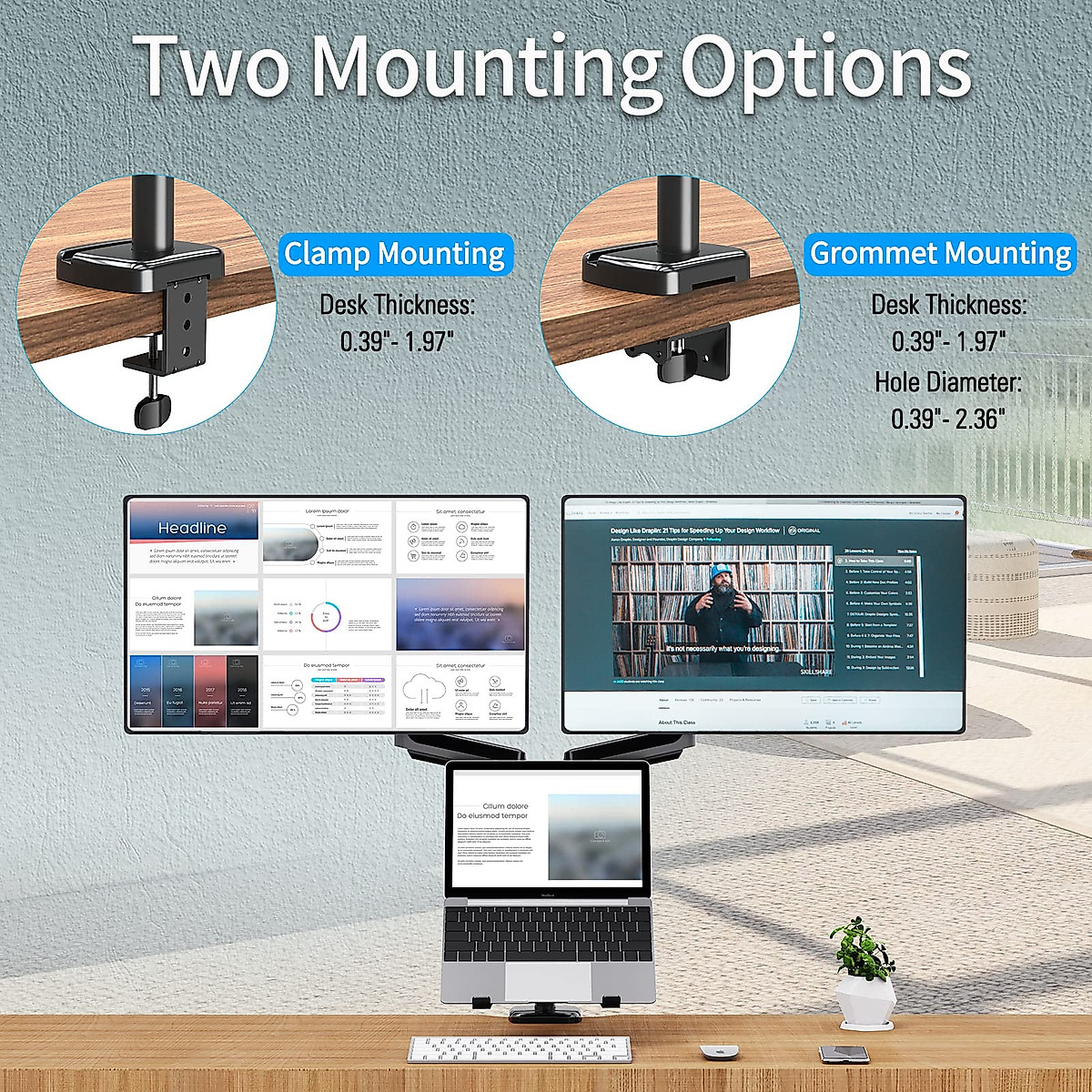 MOUNTUP Dual Monitor and Laptop Mount, Gas Spring Monitor Stand for 2 Max 27" Computer Screens, Laptop Tray Fits 10-17inch Notebook, Holds 4.4-17.6lbs Per Arm, 3-in-1 Adjustable Monitor Desk Mount