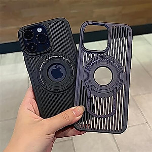 Yesunktt for iPhone 14 Pro Max for MagSafe Magnetic Car Ring Trolley Invisible Holder Phone Case, Logo Window Strip Mesh Air Cooling Phone Case,Black