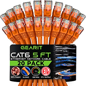 GearIT Cat 6 Ethernet Cable (20-Pack 5 Feet) Cat6 Network Patch, 10Gbps, RJ45, Snagless Cord, Gold-Plated Connectors, Internet for PC, TV, Tablet, Router, Printer, Servers, IT Data Center - Orange