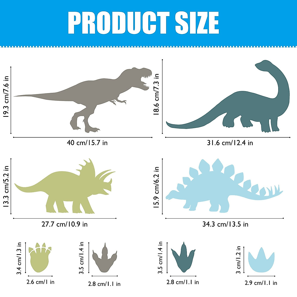 Dinosaur Wall Decals Stickers Glow in The Dark Dino Wall Decal Large Removable Vinyl Dinosaur Feet Wall Sticker for Boys Girls Kids Bedroom Playroom Nursery Wall Decor (Blue)