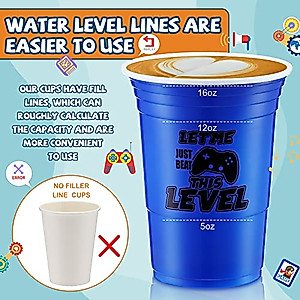 48 Pcs Disposable Video Game Party Plastic Cups, 16 oz Blue Video Game Party Favors Plastic Stadium Cups, Hot Cold Drinks for Kids Gamer Birthday Video Game Party Decorations, 4 Design