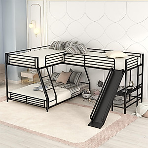 DHPM Triple Bunk Bed with Slide, L Shaped Bunk Bed for 3, Twin Over Full Metal Bunk Bed Frame with Twin Size Loft Bed, Built-in Desk, for Kids Girls Boys