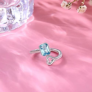Qings Square Birthstone Adjustable Ring 925 Sterling Silver Hollow Love Heart Cubic Zirconia Aquamarine March Birthstone Open Rings Birthday Gifts for Women Girls