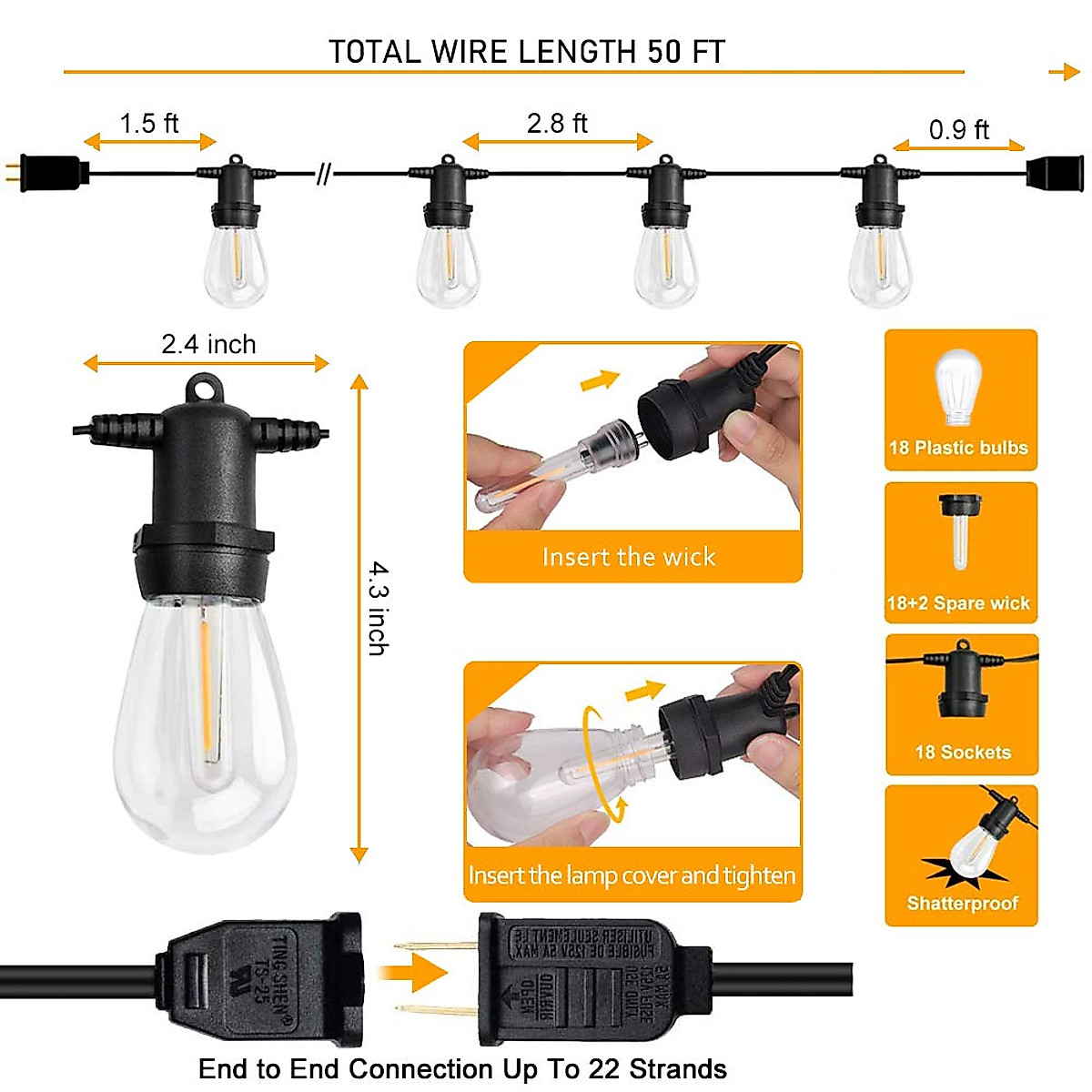 Outdoor String Lights Patio Hanging Light with LED Dimmable Light Bulbs Garden Deck Backyard Waterproof Shatterproof 50FT