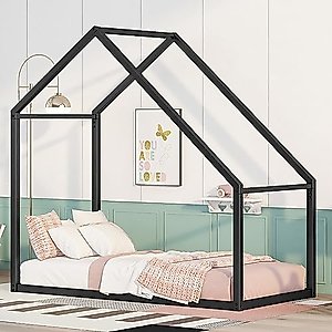 Epinki Twin Size Metal House Bed Kids Bed, Black, Kids Bed, No Box Spring Needed, Easy Assembly