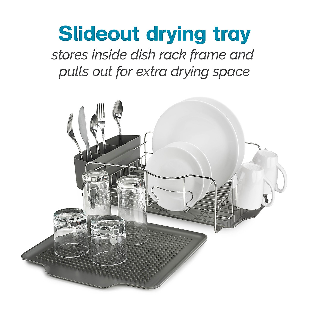 Polder KTH-615 Dish Rack & Tray 4 PC Combo– Advantage System Includes Rack, Drain Tray, Removable Drying Tray & Cutlery Holder – Stainless Steel & Plastic