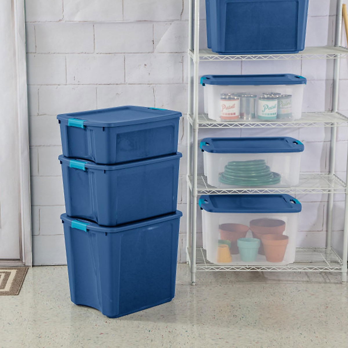 Sterilite 18 Gal Latch and Carry, Stackable Storage Bin with Latching Lid, Plastic Tote Container to Organize Closets, Blue with Blue Lid, 6-Pack