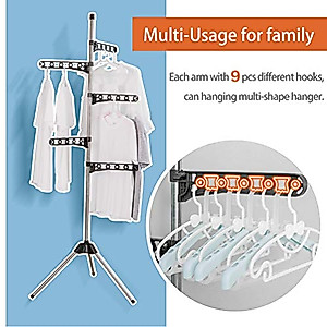 BAOYOUNI Foldable Laundry Pole Clothes Tree Drying Rack Airer Corner Tripod Coat Hanger Standing Garment Storage Shelf Holder Indoor Space Saving Organizer with 5 Adjustable Arms, Grey