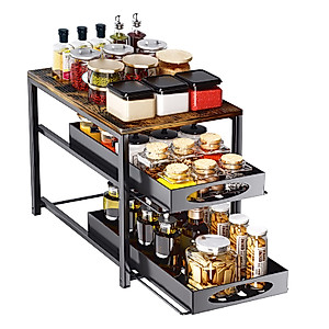 Under Sink Organizers and Storage, 2-Tier Sliding Under Bathroom Cabinet Storage Drawer Organizer with Solid Rustic Wood Top, Multi-purpose Under Sink Shelf Organizer for Home, Kitchen, Bathroom