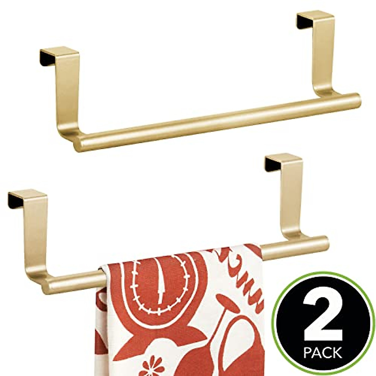 mDesign Metal Over The Door Towel Holder for Kitchen Cabinet - Hand, Dish, and Tea Towel Rack - Over The Door Towel Bar and Hanger - Kitchen/Bathroom Organizer - Omni Collection - 2 Pack, Soft Brass