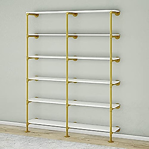 MAIKAILUN 6-Tier 60 inch Industrial Pipe Shelving, Gold Bookshelf, White and Gold Shelves, Modern Bookcase Metal Mid Century Open Wall Mount Decor Retail Shelving for Living Room(59.1x9.8x84.6)