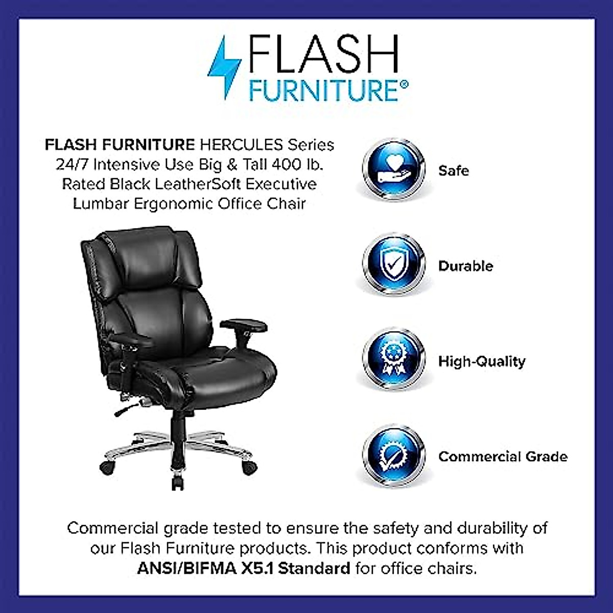 Flash Furniture HERCULES Series 24/7 Intensive Use Big & Tall 400 lb. Rated Black LeatherSoft Executive Lumbar Ergonomic Office Chair