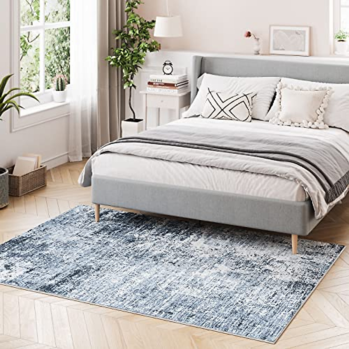 Dripex Modern Abstract Collection Area Rug, Washable 4x6 Rug Soft Fluffy Indoor Carpet Area Rugs for Living Room Bedroom Kids Rooms, Dark Blue Non-Slip Faux Fur Throw Rug Floor Mats for Home