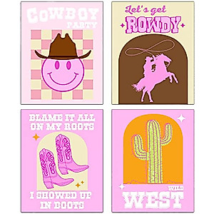 Pink Western Cowgirl Theme Wall Art Aesthetic Poster Preppy Room Decor, Retro Cowgirl Canvas Print, Glamour Cowgirl Wall Art for Girls Room College Dorm Room Decoration, Set of 4-(8"x10" Unframed)