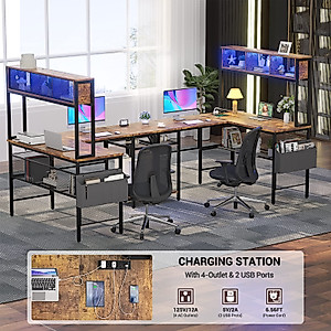Aheaplus L Shaped Gaming Desk with LED Lights & Power Outlets, 55 Inch L-Shaped Computer Desk with Storage Shelf & Monitor Stand, Corner Desks 2 Person Reversible Desk Home Office Desk, Rustic Brown
