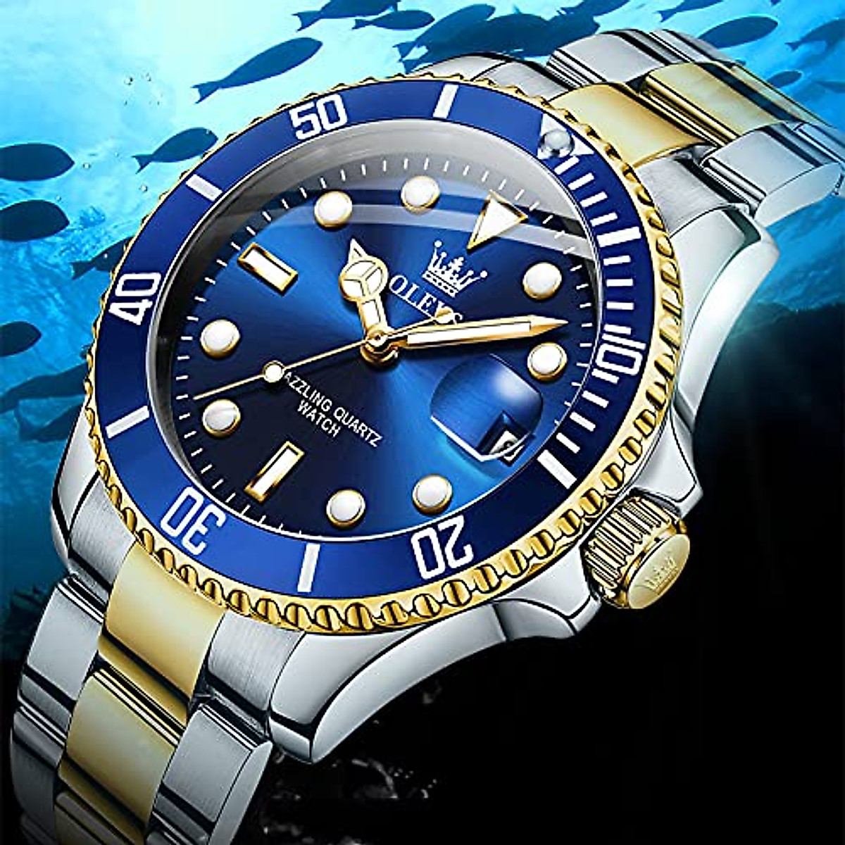 OLEVS Gold Stainless Steel Watch for Men Under 100, Blue,Waterproof, Big Face Dress Watches Men Date,Relojes De Hombre,Luminous Man Wristwatches, Male Diver Watch