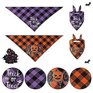 2 Pack Plaid Halloween Dog Bandanas, Washable Halloween Pumpkin Bat Printing Dog Bib Kerchief Scarf Adjustable Accessories for Small to Large Dog Puppy Cat