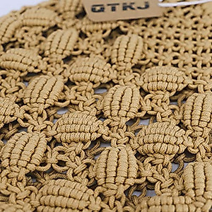 QTKJ Boho Women's Summer Beach Straw Crochet Bag Hollow Out Hand-Woven Cotton Tote Bag Purse with Wooden Round Handle (Khaki)