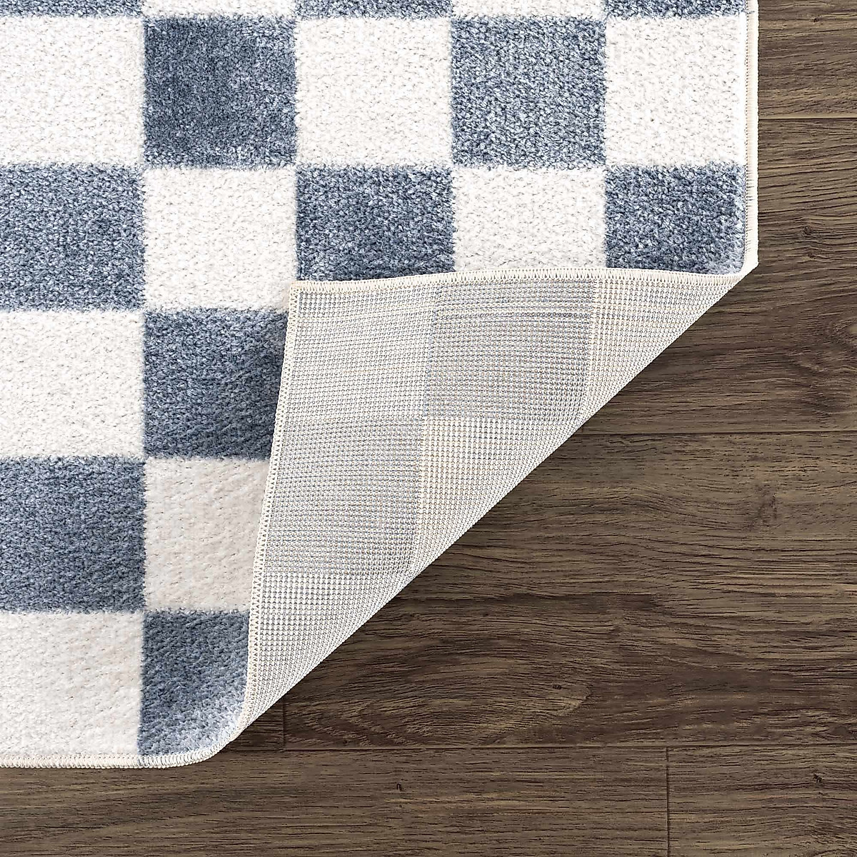 Hauteloom Brone Contemporary Checkered Area Rug - Modern Geometric Bordered Carpet for Living Room, Bedroom, Dining Room - Checkboard Design - Square Tiles - Blue, Ivory - 5'3" x 7'