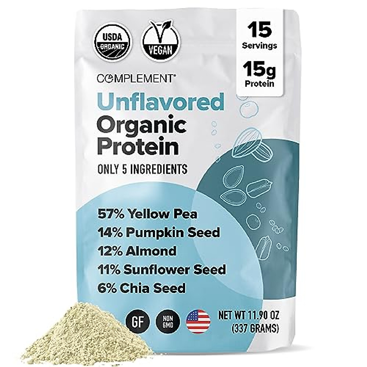Complement Organic Unflavored Vegan Protein Powder (15 Servings) Low Carb, Low Calorie, Sugar Free, Soy Free, Non-GMO, Gluten Free, Non Dairy- Yellow Pea, Pumpkin Seed- 15g Plant Based Protein Powder