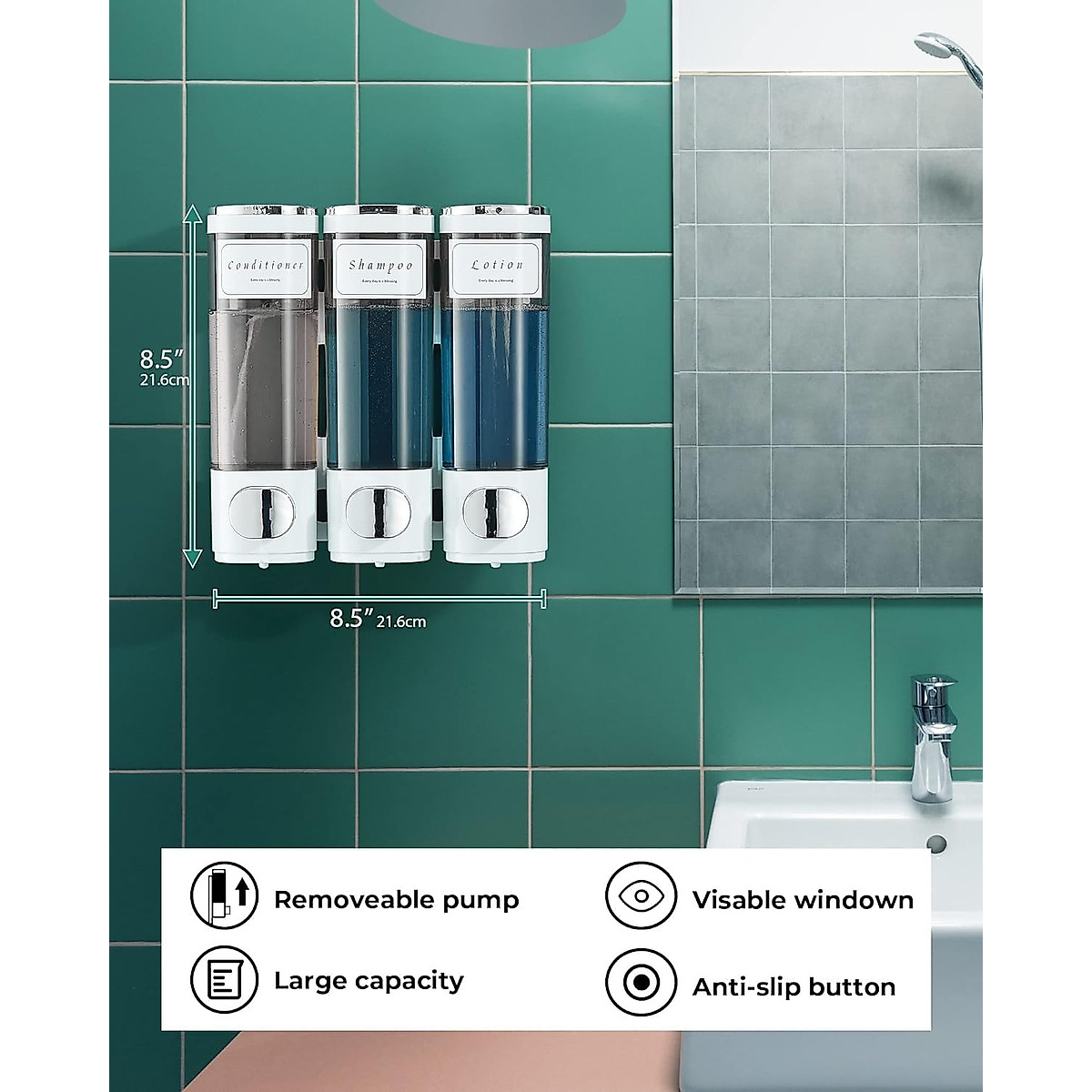 3 in 1 Shampoo and Conditioner Dispenser wall, Shower Dispenser 3 Chamber No Drill, White Bathroom Soap Dispenser and Labels