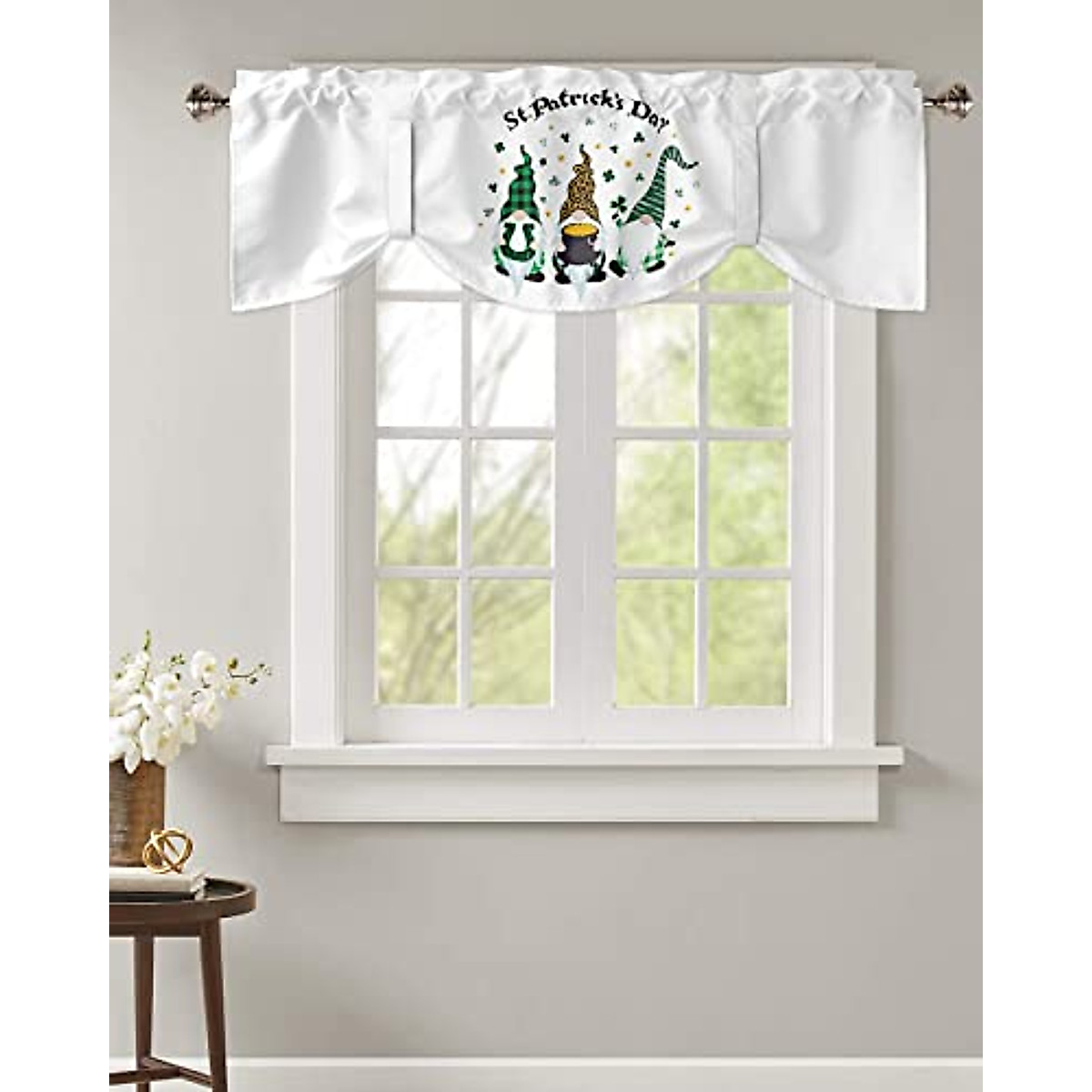 Semi-Sheer Kitchen Valances for Windows, Adjustable Tie Up Valances Curtains Light Filtering, St Patrick's Day White Background Shamrock Gnomes and Gold Coin Elegant Window Toppers Valances 42x12in