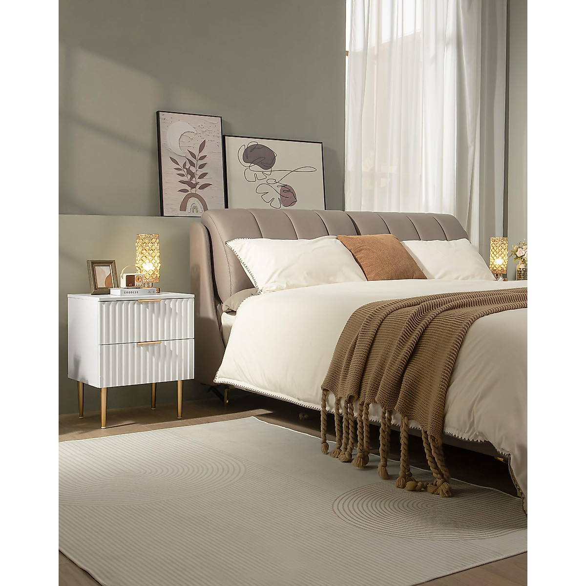 SICOTAS White Night Stand Set 2, Wide Fluted Nightstand with 2 Drawers, Modern Glossy Storage Bedside Table for Bedroom, End Side Table with Golden Metal Legs and Handles（2, White）