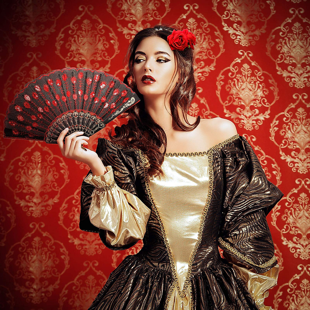 2 Pieces Women Rose Flower Hair Clip and Embroidered Sequins Fabric Handheld Folding Fan Hair Accessories for Flamenco Dancer Costume Accessories Girl Halloween Cosplay Party (Red)