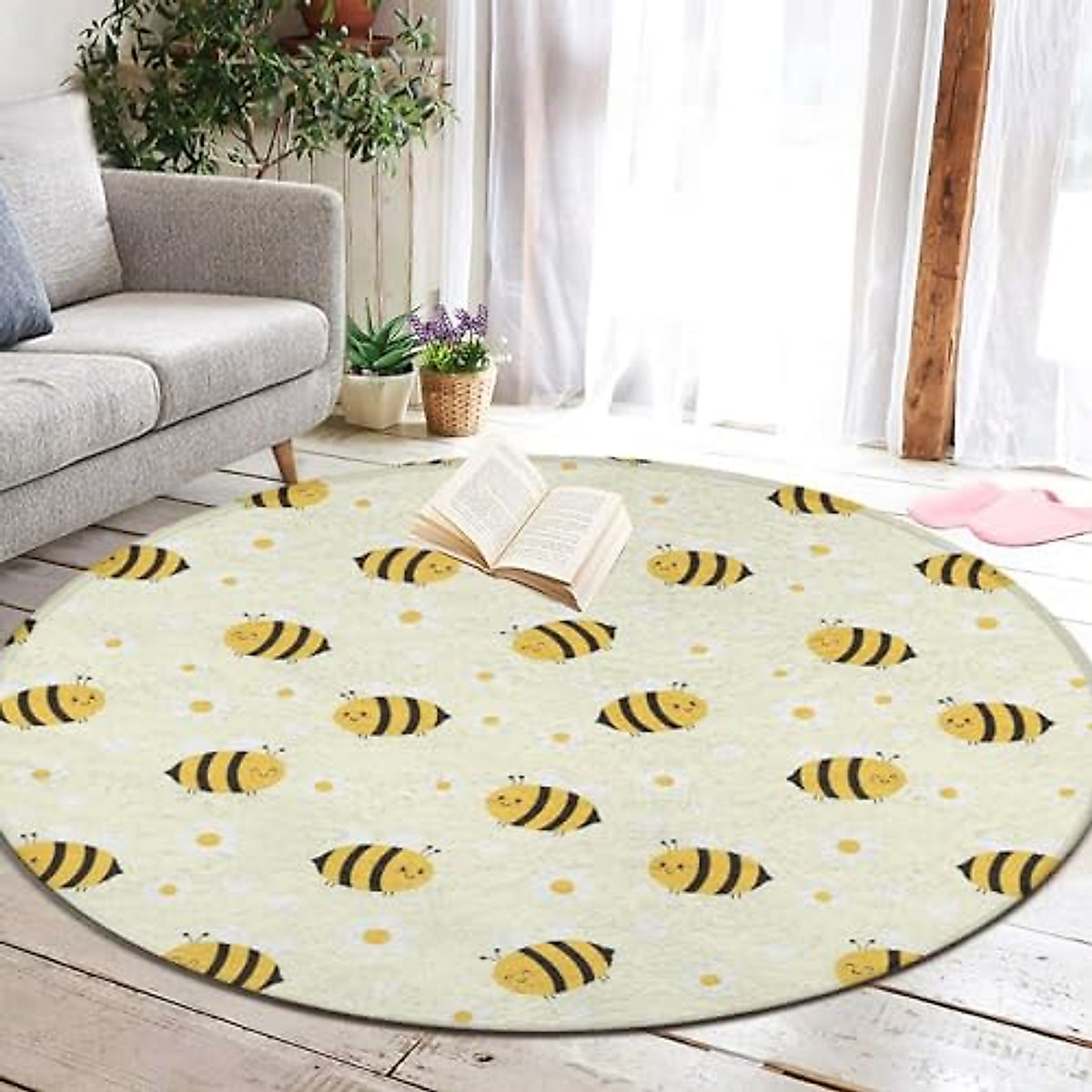 Soft Round Area Rug Cute Honeybee Bee Light Yellow for Bedroom, Circle Rug for Nursery Room, Carpet Floor Mat for Living Room, Dorm Home Decor, Easy to Clean