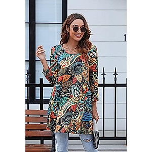 ENMAIN Womens Tunic Tops 3/4 Sleeve Dressy Casual Plus Size Tunic Tops to Wear with Leggings Loose Fit Swing Fall Orange T-Shirt Ladies Blouses