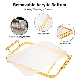 CoColemon Metal Serving Tray - 13.8"x10" Gold with Handles, Acrylic Bottom Decorative Tray for Ottoman,Coffee Table,Living Room and Bathroom