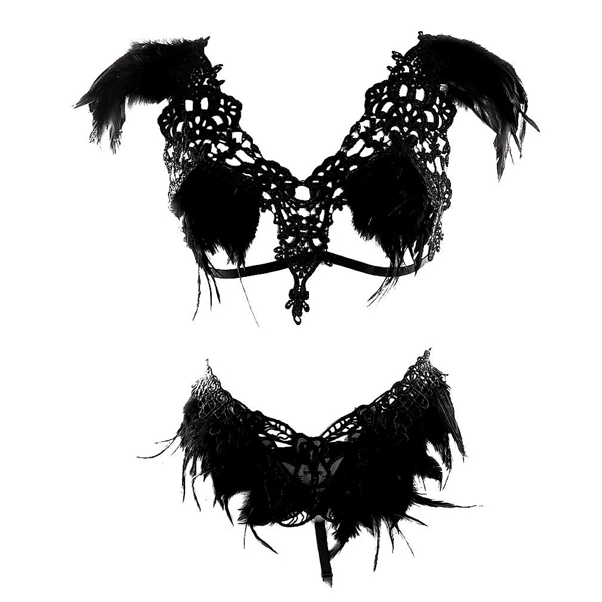 PETMHS Women Harness Feather Epaulette Bralette Strappy Full Body Frame Set Festival Rave Halloween Burning Man Wing (Black)