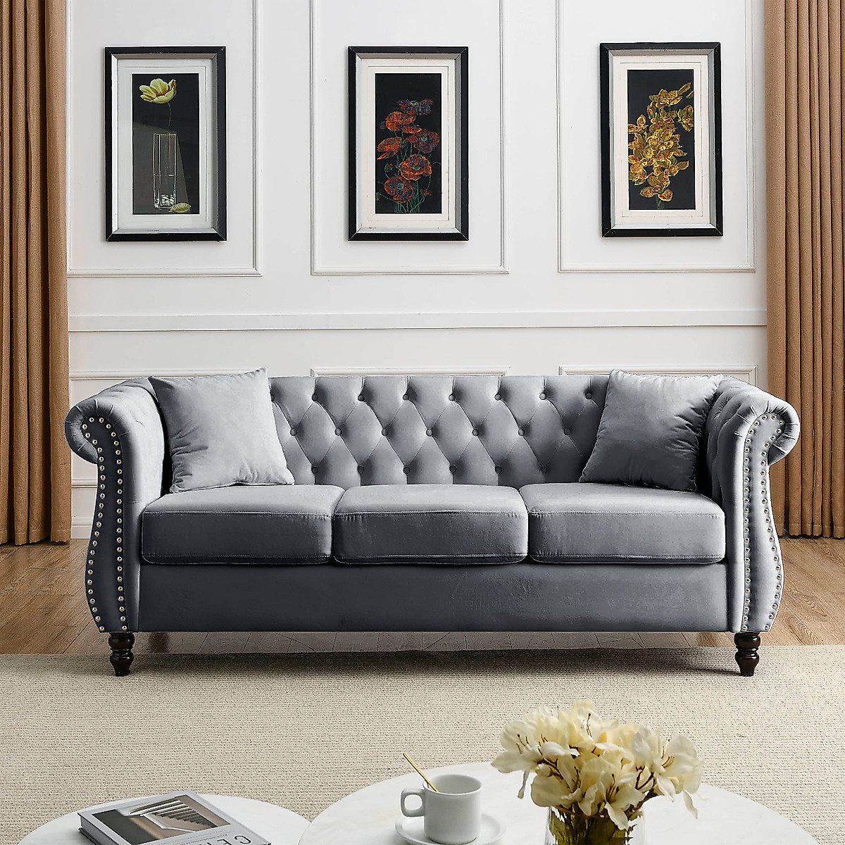 SZUBEE Modern 80" Chesterfield Grey Velvet, 3 Seater Sofa Tufted Couch with Rolled Arms,Nailhead andtwo Pillows for Living Room, Bedroom, Office, Apartment