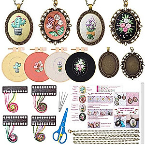 4 Packs Embroidery Kit for Beginners, Shynek 26 Pcs Mini Cross Stitch Kits Includes Stamped Embroidery Clothes with Flowers Pattern Embroidery Necklace Pendant Embroidery Hoops and Necklace Chains