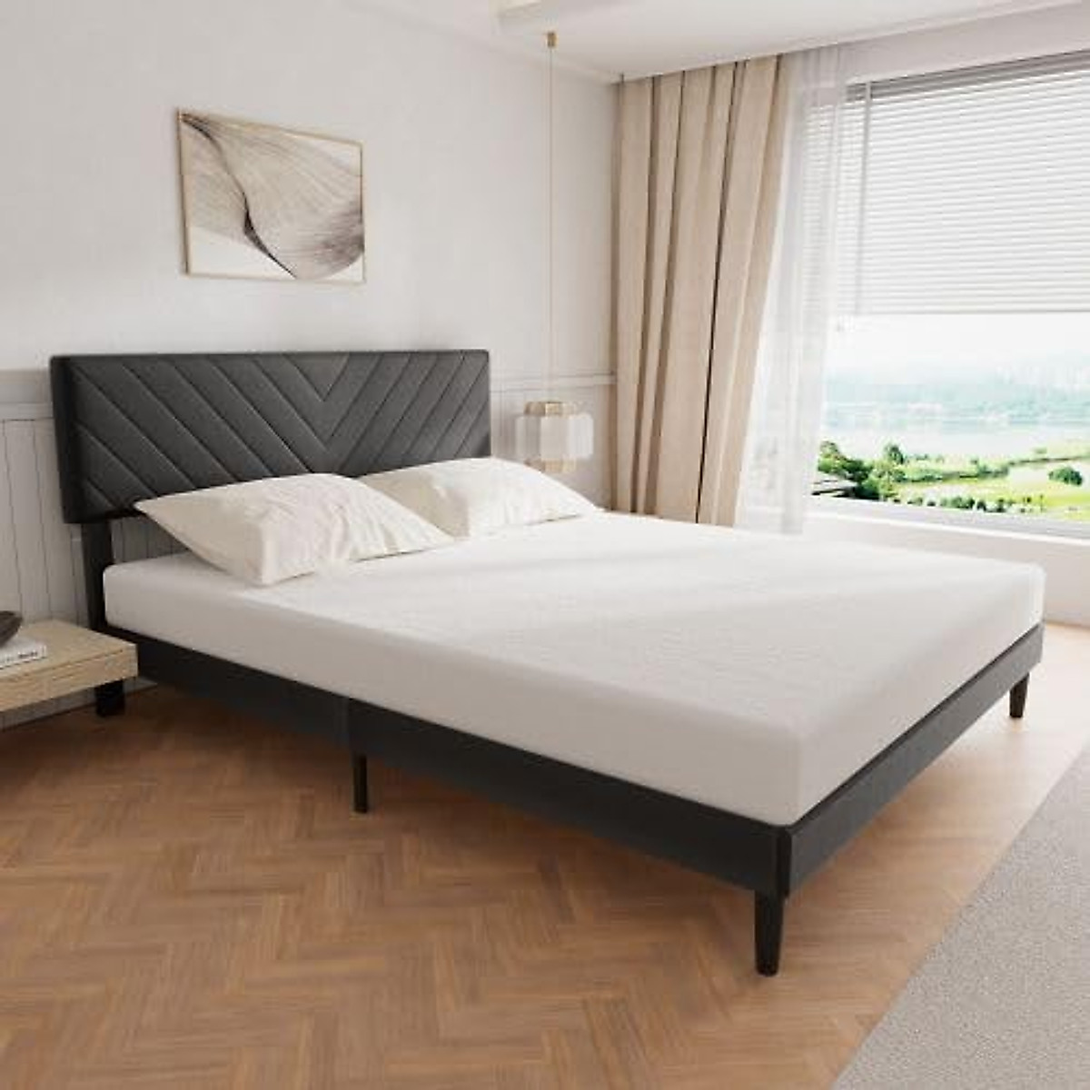 Queen Bed Frame Upholstered Platform Bed Frame with High-Adjustable Headboard, Solid Wood Slats Support, Strong Weight Capacity, Non-Slip and Noise-Free,No Box Spring Needed, Easy Assembly (Queen)