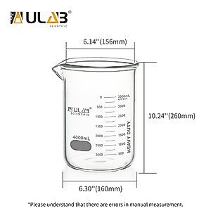 ULAB Heavy Duty Glass Beakers, Vol.4000ml (135oz), Borosilicate 3.3 Glass, Thick Wall Beakers, with Double Scale, Superior Durability & Chemical Resistance, UBG1067