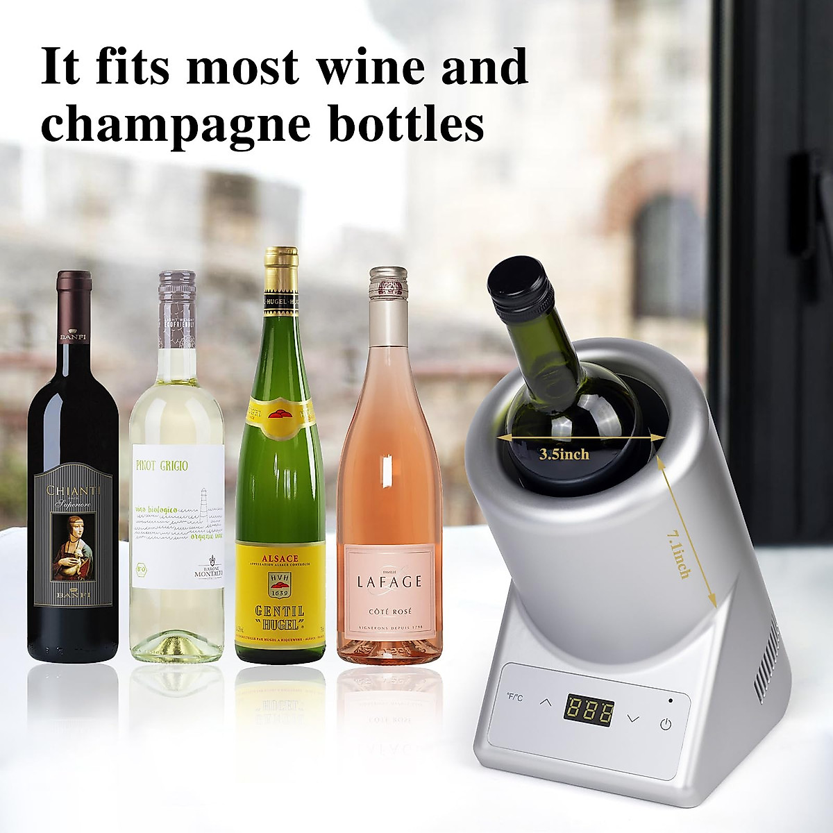 SOKO Electric Wine Chiller, Single Bottle Wine Cooler Keeps 750ml Wine Cold Up to 24 Hours, Stainless Steel, Silver