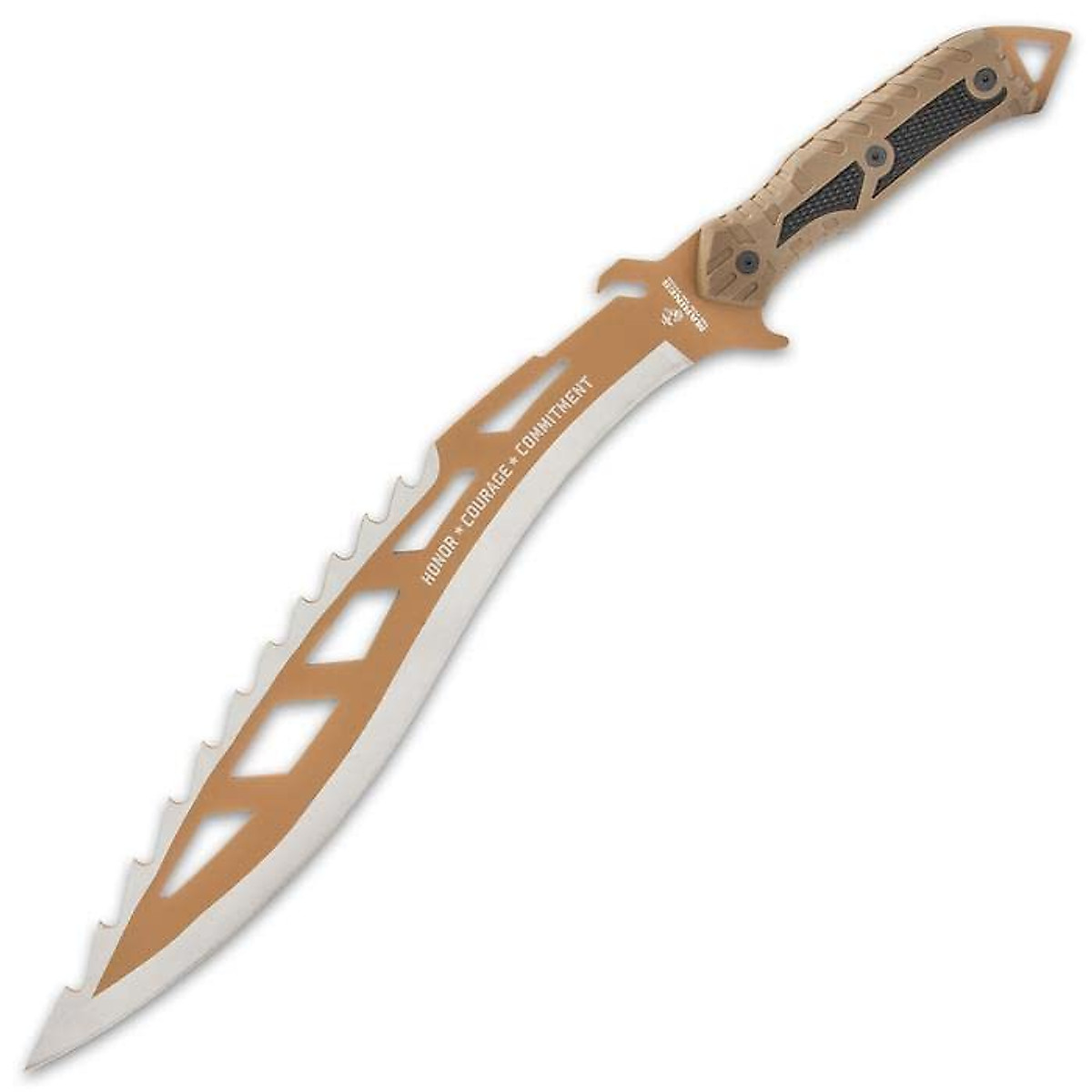 United Cutlery USMC Desert Ops Sawback Kukri With Sheath - Stainless Steel Blade, Serrations, Non-Reflective, ABS Handle, Shoulder Strap Scabbard, Cut Through Brush, For Trailblazing - Length 22”