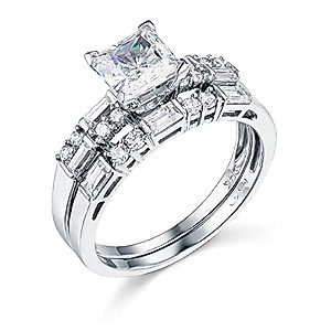 Wellingsale Ladies Solid 14k White Gold Polished CZ Cubic Zirconia Princess Cut Engagement Ring and Wedding Band Bridal Set - Size 8