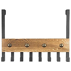 MyGift Burnt Wood Over The Door Hook Rack Bathroom Towel Rack with 8 Black Metal Hooks
