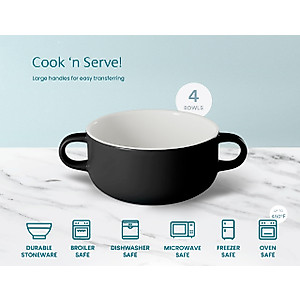 Kook Soup Crocks, Ceramic Bowls, Broil, Oven, Microwave and Dishwasher Safe, with Handles, For Casserole, Pasta, Cereal, 18 oz, Set of 4 (Black)