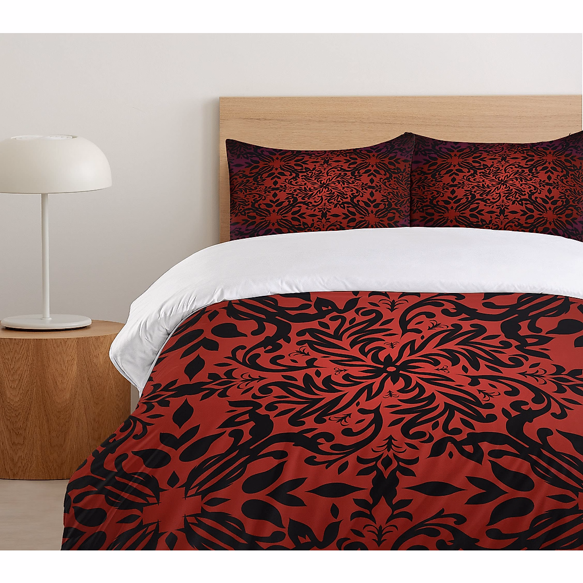 Ambesonne Oriental Duvet Cover Set, Mandala Inspired Curly Flowers and Leaves Details Frame Illustration, Decorative 3 Piece Bedding Set with 2 Pillow Shams, King Size, Vermilion and Black