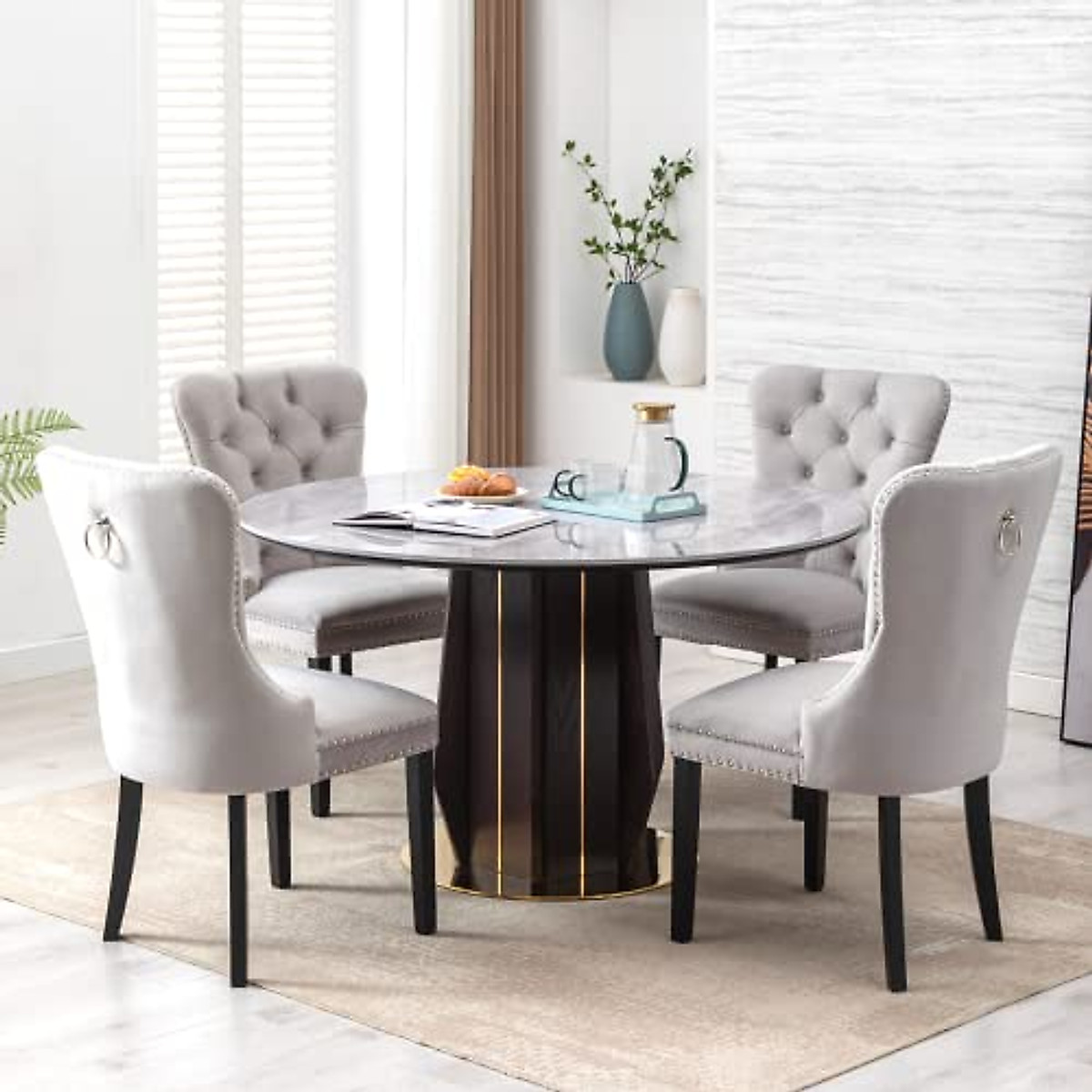 CIMOO Velvet Upholstered Dining Chairs Set of 4 Comfortable Tufted Chair Modern Armless Chairs with Button, Nailhead Trim, (Grey, Ring on The Back)