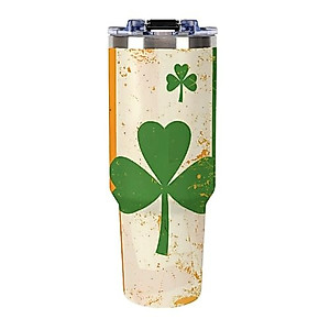 Irish Flag With Shamrock Pattern 40 Oz Tumbler Insulated Stainless Steel Water Bottle Travel Mug Car Cup with Handle And Straw