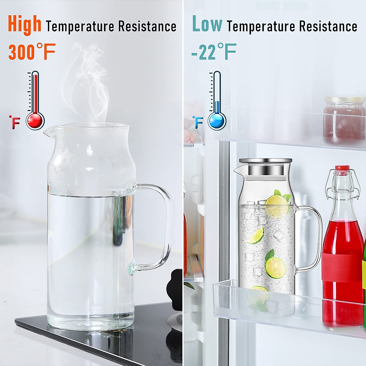 2 Pcs Glass Pitcher Water Pitcher with Lid Hot Cold Water Pitcher Bedside Water Carafe with Handle Heat Resistant Borosilicate Glass Jug for Fridge Beverage Carafe (54 oz,Stainless Steel)