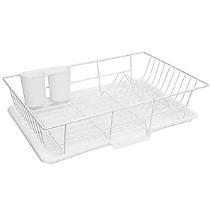 Sweet Home Collection Metal, Plasic 3 Piece Dish Drainer Rack Set with Drying Board and Utensil Holder, 12" x 19" x 5", White